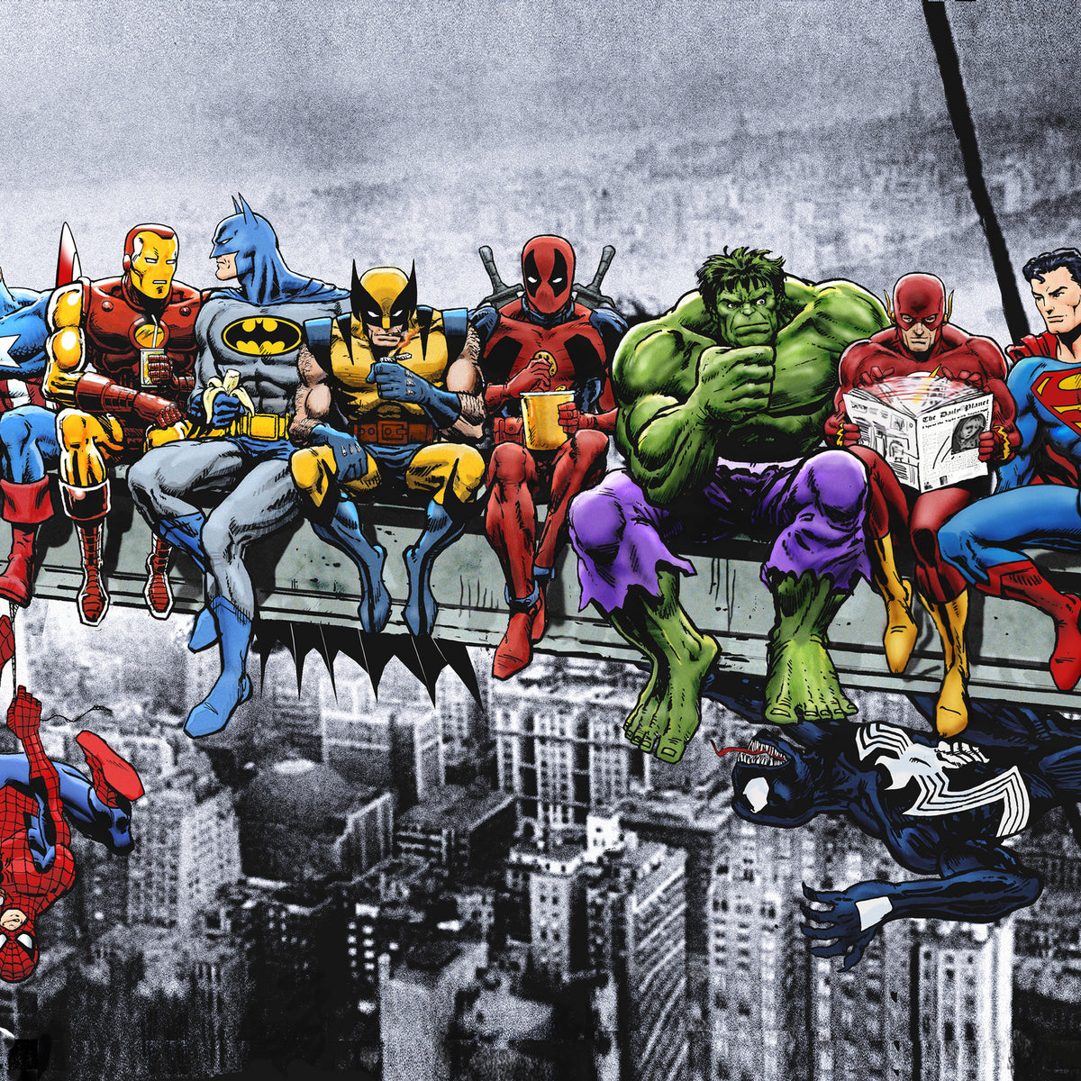 Les super-héros Marvel et DC déjeunent au sommet d'un gratte-ciel ...