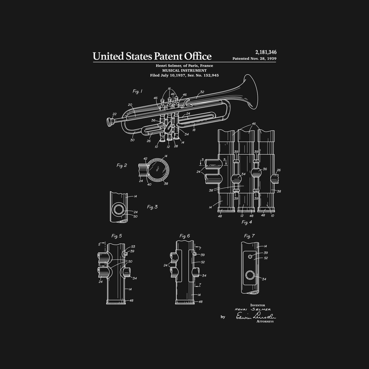 Trumpet Patent - Black - Art Print by Finlay McNevin | GIANT ART