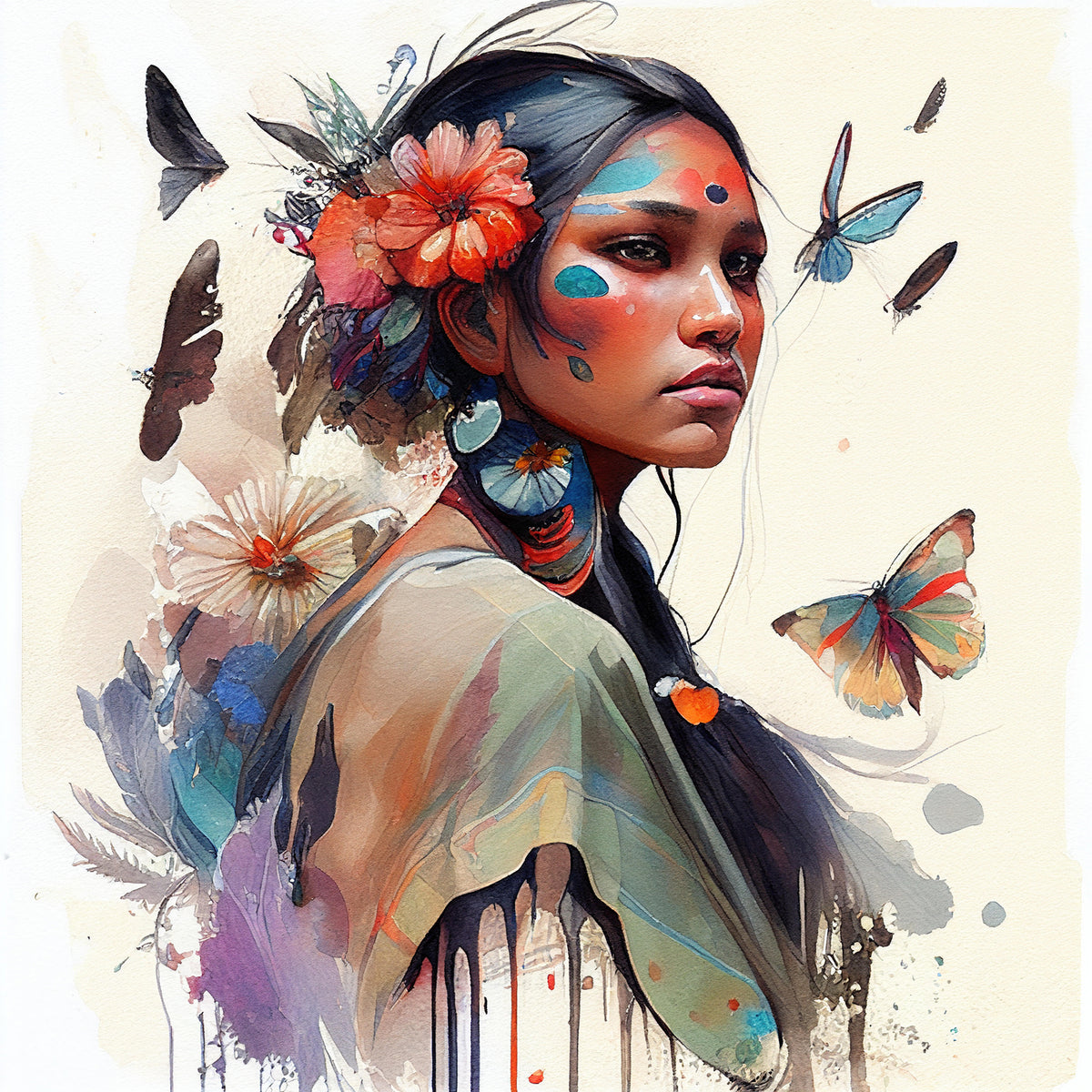 Watercolor Floral Indian Native Woman #3 - Art Print by Isabel Cerdá ...