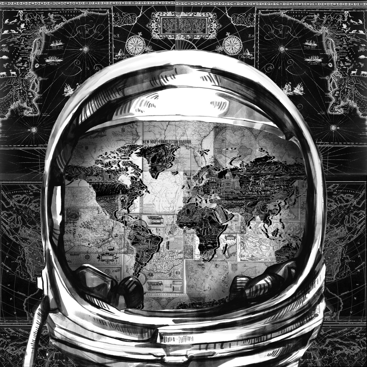 Carte du monde des astronautes en noir et blanc - Impression d'art par ...